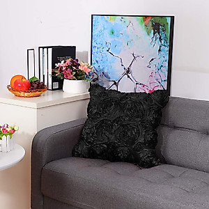 PiccoCasa 3D Flowers Throw Pillow Cover, Romantic Decorative Satin Cushion Cover, Stereo Roses Pillow Cover for Bed Sofa Couch, 16'' x 16'', Black