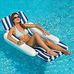 Swimline SunChaser Padded Floating Luxury Pool Lounger Sling Chair Float w/Extra Thick Headrest and 2 Cup Holders, Blue/White Stripe