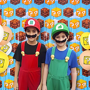 Bupelo Super Bros Birthday Party Supplies, 2 Pack Question & Brick Tinsel Foil Fringe Curtains, Super Game Themed Photo Booth Prop Party Backdrop, Super Bros Party Decorations Room Decor for Kids