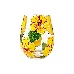 Enesco Designs by Lolita Hibiscus Hand-Painted Artisan Stemless Wine Glass, 1 Count (Pack of 1), Multicolor