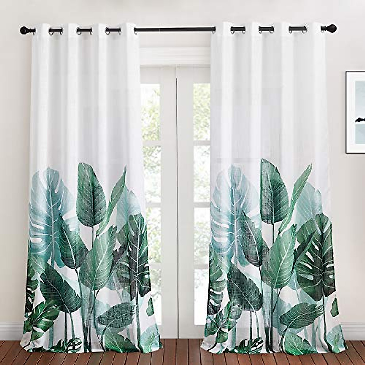 KGORGE Crossweave Sheer Curtains - Tropical Leaves Window Curtains for Bedroom Natural Pattern on White Sheer Backdrops for Dining Room Bathroom Sliding Door, W 50 x L 95 inch, 2 Pcs