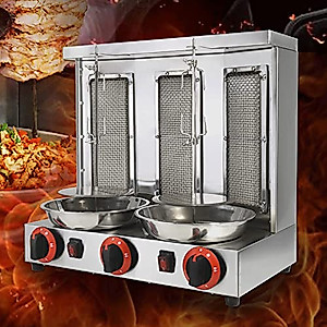 XGN Shawarma Machine 3 Burners Kebab Grill Vertical Rotisserie with 2 Auto Spinning spits for Meat Rotisserie, Chicken Roast, Silver