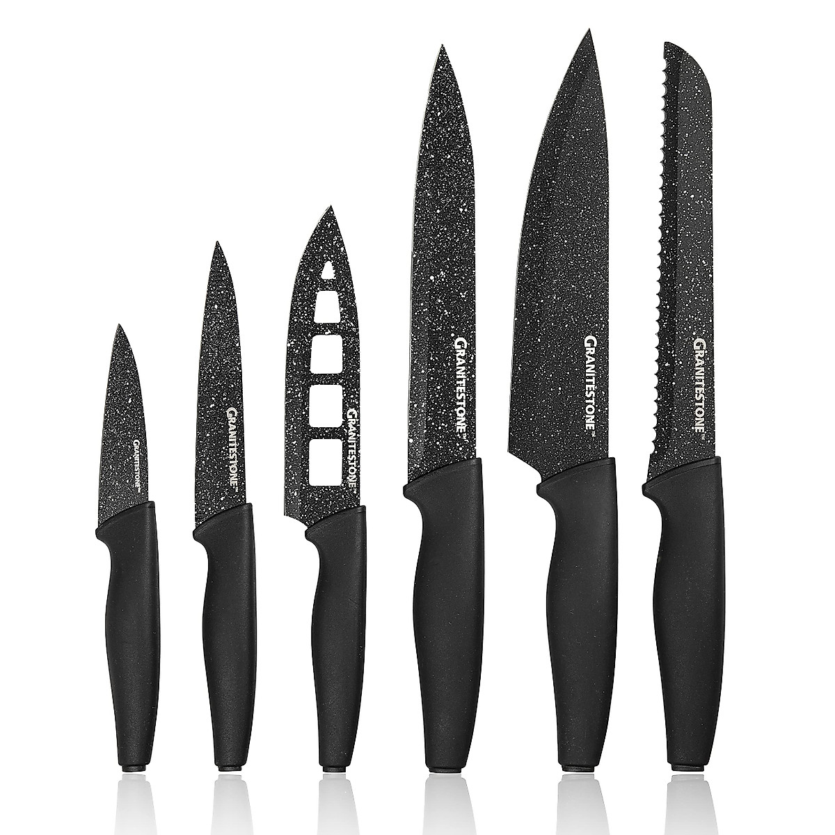 Nutriblade Knife Set with Block by Granitestone 6-Piece Professional Kitchen Chef’s Knives Ultra Sharp Stainless Steel Blades and Nonstick Granite Coating, Easy-Grip and Dishwasher-safe, Black