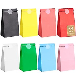 JOHOUSE 54PCS Gift Bags,Party Favor Paper Bags, Paper Bags with Stickers 8 Colors Goody Bags Treat Bag for Party Birthday Baby Shower Wedding