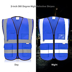 WORCBGIO Reflective Safety Vest with Pockets High Visibility Sliver Strip for Men and Women (Blue, Medium