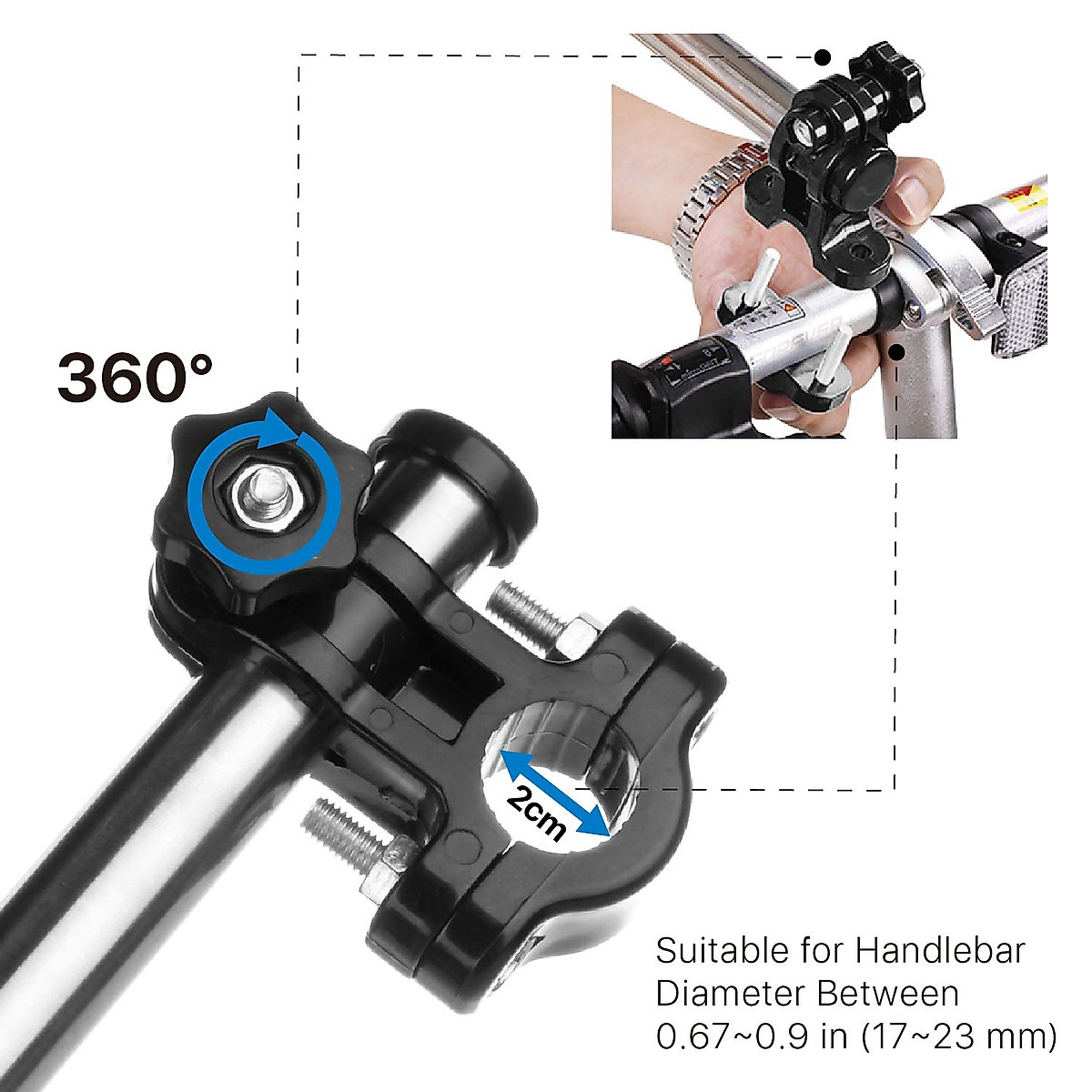 Flexzion Bicycle Umbrella Mount Holder, Swivel Connector Handlebar Frame Stand, Adjustable 2 Section Tube Handle, Outdoor Sports Accessories for 0.67~0.9 inch Handlebar Bike Baby Stroller Wheelchair