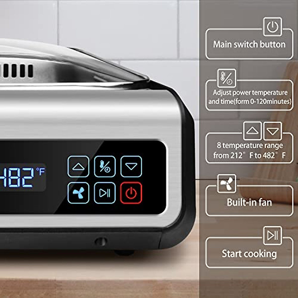 Indoor Smokeless Grill Techwood 1500W Electric Grill with Tempered Glass Lid & LED Smart Control Panel, 8-Level Control Korean BBQ Grill with Removable Grill Plate, Stainless Steel (Silver)