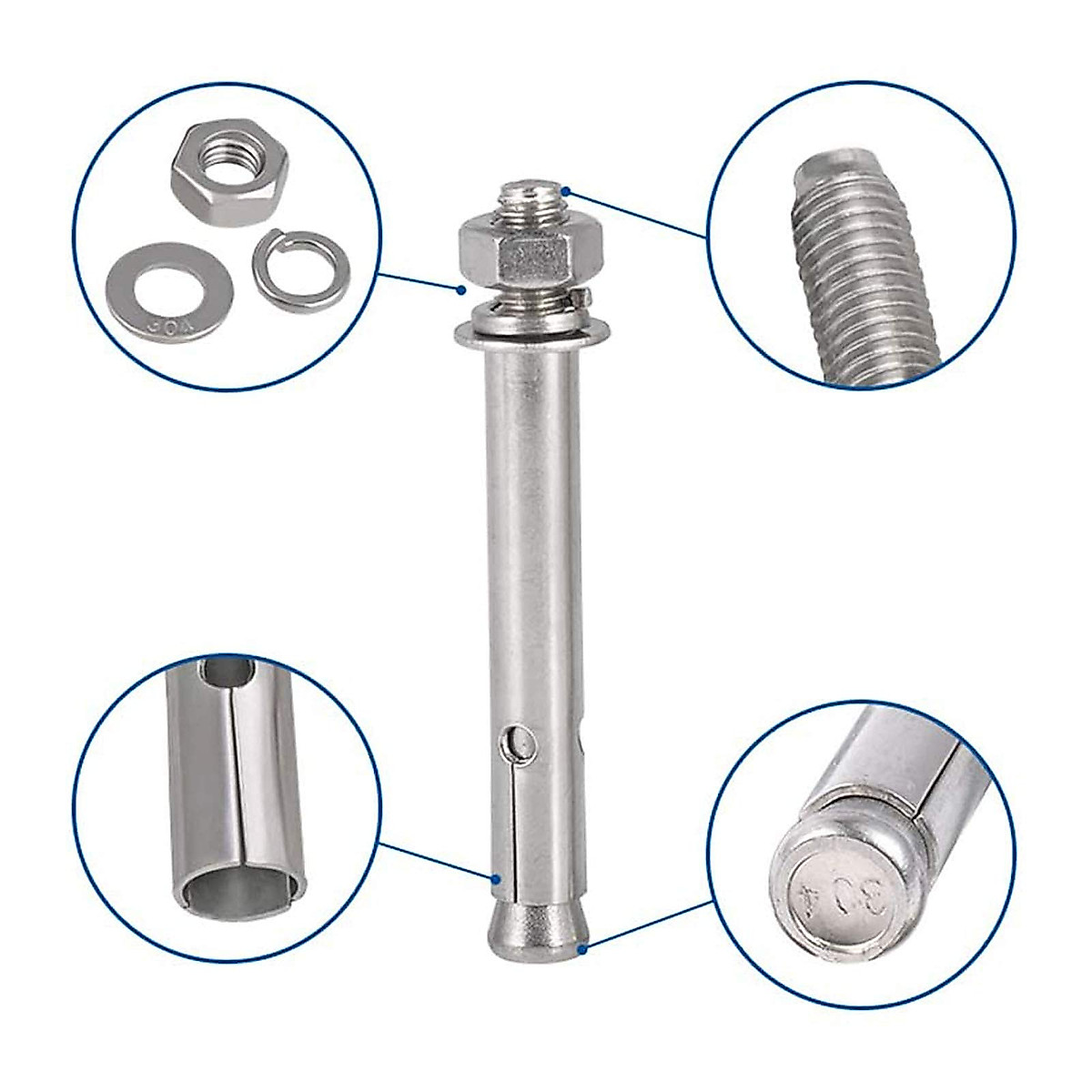 4 Pcs M10 x 80mm 304 Stainless Steel Expansion Bolt External Hex Expansion Screw Bolt Sleeve Anchor，Pool Safety Cover Expansion Bolts，for Concrete
