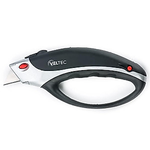 Veltec Heavy Duty Retractable Utility Knife, Box Cutter, Carpet Cutter with 3-Position Locking, Ergonomic Non-Slip Grip, 5 Reversible Replacements Blades SK5 (Black)