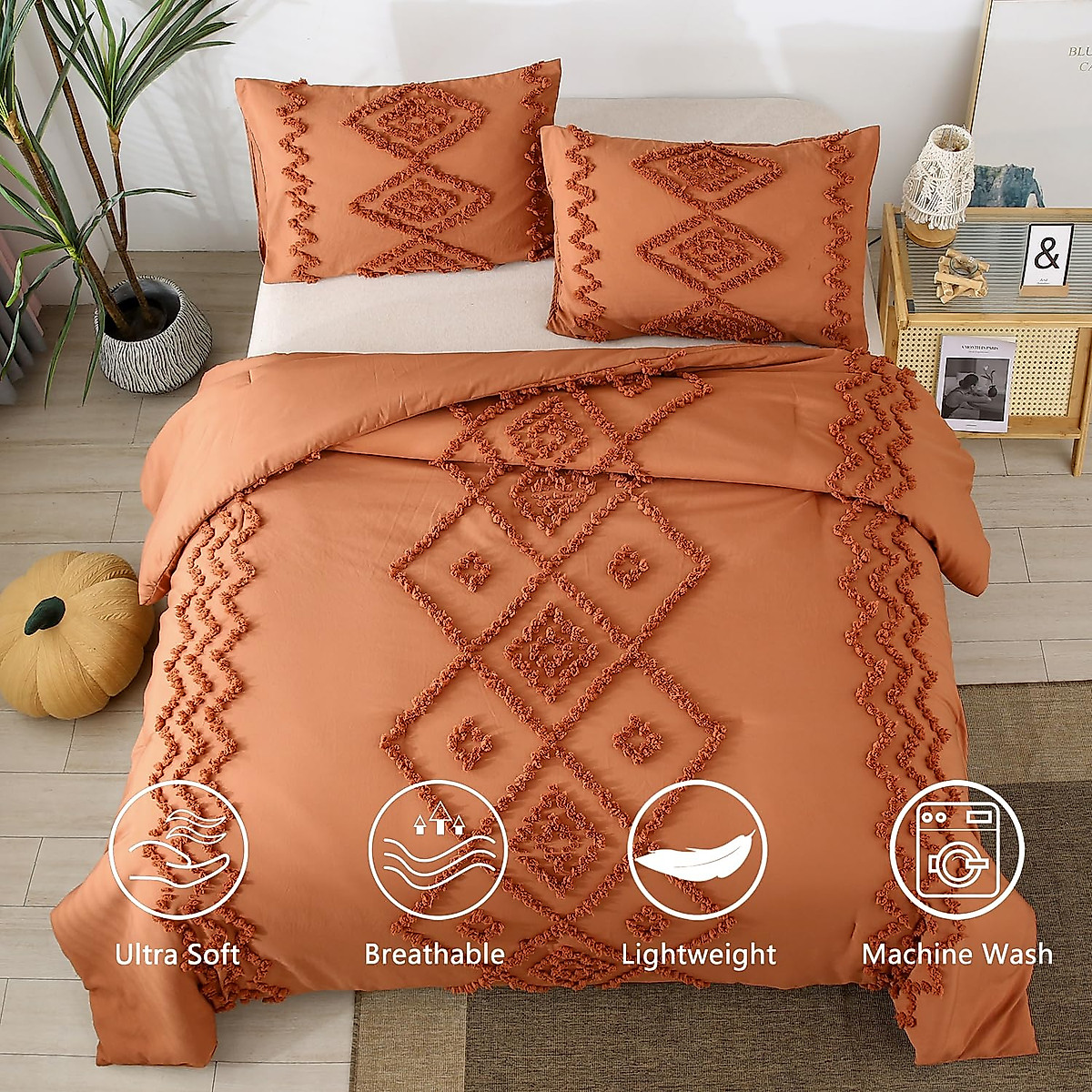 URBONUR Terracotta Duvet Cover Set King Size Burnt Orange, 3PCS Textured Tufted Bedding Set, Geometric Diamond Pattern, Ultra Soft Microfiber Duvet Cover with Zipper Closure, (Rust, King)