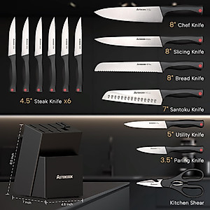 Astercook Knife Set with Built-in Sharpener Block, Dishwasher Safe Kitchen Knife Set with Block, 14 Pcs High Carbon Stainless Steel Block Knife Set with Self Sharpening and 6 Steak Knives, Black