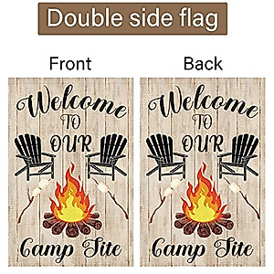 Louise Maelys Spring Summer Camper Camping Garden Flag for Campsite Vertical 12x18 Double Sided, Welcome to Our Camp Site Small Camping Flags Outdoor Fire Pit Camper Camping Campsite Decoration (ONLY FLAG)