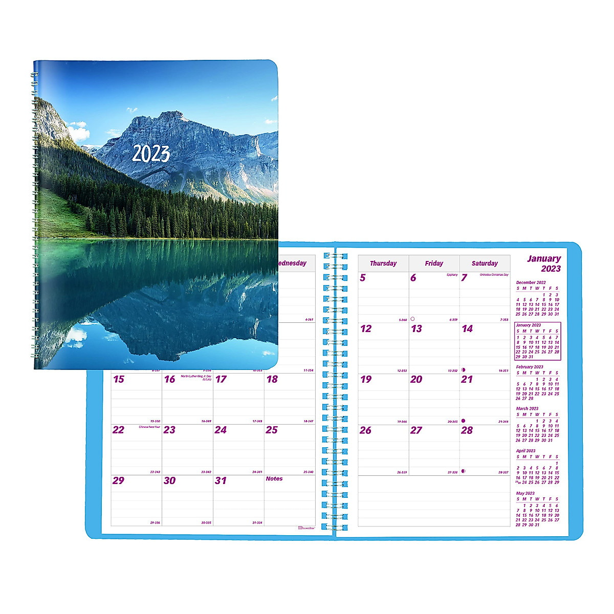 Brownline 2023 Essential Monthly Planner, 14 Months, December 2022 to January 2024, Twin-Wire Binding, 8.875" x 7.125", Mountain Blue (CB1200G.04-23)