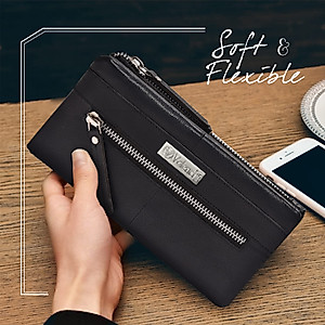 VALENCHI Leather Wallet For Women RFID Blocking Slim Minimalist Ladies Long Clutch Purse Organizer Credit Card Holder Slots with Zipper Pocket (Black Nappa)