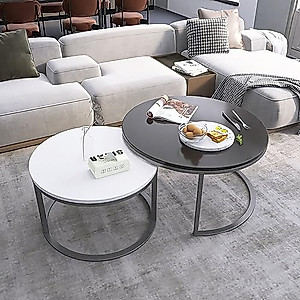 MASAKA B&W 27.5 Inch Round Wood Tables 2 Pack, Coffee Tables for Living Room Set of 2, Small Coffee Tables for Small Spaces, Center Table Modern Black with White