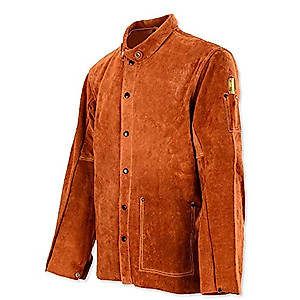 QeeLink Leather Welding Work Jacket with Hood Flame-Resistant Heavy Duty Split Cowhide Leather Welder Jackets with Hood for Men & Women, 4XL