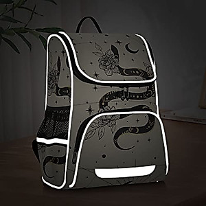 AIXIWAWA School Backpack (Boho Snake Floral), Large Capacity Causal Daypack with Bottle Pockets Reflective Strips for Boys Girls Adults 12.2 x 7.87 x 16.14 inches