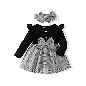 Baby Girl Clothes 3-6 Months Infant Baby Girl Dresses Outfits Winter Fall Plaid Skirt Sets Long Sleeve Rib Romper Dress 3-6 Month Girl Clothes Gifts Stuff Newborn Outfit for Girls Gray