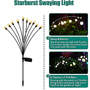 Solar Outdoor Lights 2 Pack 10leds Solar Firefly Lights Outdoor Waterproof Starburst Swaying Solar Garden Lights, Sway By Wind, Christmas Outdoor Solar Lights Decorative For Yard Pathway Warm White