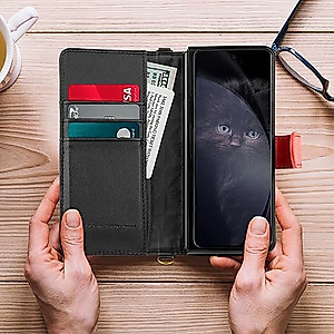Qoosan Genuine Leather Designed for Samsung Galaxy Z Fold 5 Wallet Case (2023) Hinge Protection 360 Cover Flip Phone Case with Card Holder Strap, Red