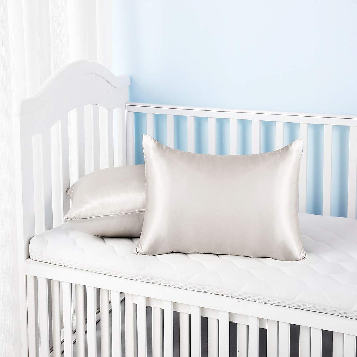 LCBD Silky Satin Toddler Pillowcases Set of 2, Super Soft Travel Pillow Covers, Small Kids Pillow Cases with Envelope Closure, 13"x 18", Silvergrey