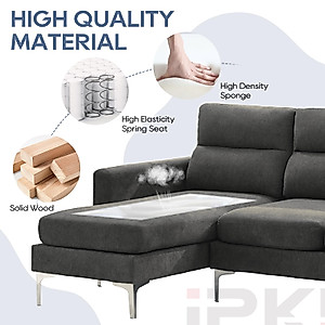 IPKIG 110" U-Shaped Sectional Sofa Couch, Linen Fabric Convertible L-Shaped Couch 4 Seater Sofa Set with Chaise Lounge, Ottoman and Side Pockets for Living Room Home Office (Linen, Dark Grey)