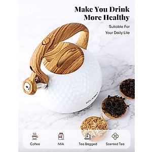 Tea Kettle, 2.7 Quart / 3 Liter BELANKO Stainless Steel Tea Kettles for Stove Top, Food Grade Teapot with Wood Pattern Handle Loud Whistling for Coffee, Milk etc, Gas Electric Applicable - Gloss White