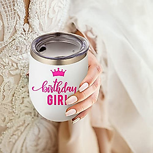 Your Dream Party Shop Powder Coated Stainless Steel 12oz Stemless Wine Glass with Straw and Lid with Print (Birthday Girl)