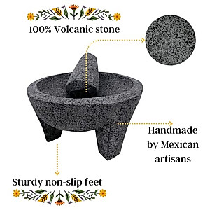 LINDO Brand 8.6 inch Molcajete Mortar and Pestle, Mexican Handmade with Lava Stone,Herb Bowl, Spice Grinder, Pill Crusher, Pesto Powder, Volcanic Stone