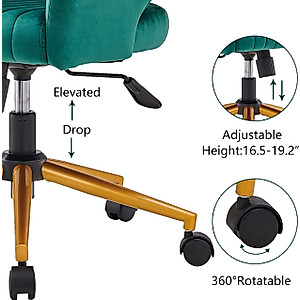 Home Office Chair Swivel Velvet Desk Chair Modern Cute Green Desk Chair with Gold Base for Girls Women Ergonomic Study Seat Computer Task Stools for Living Room (Green)