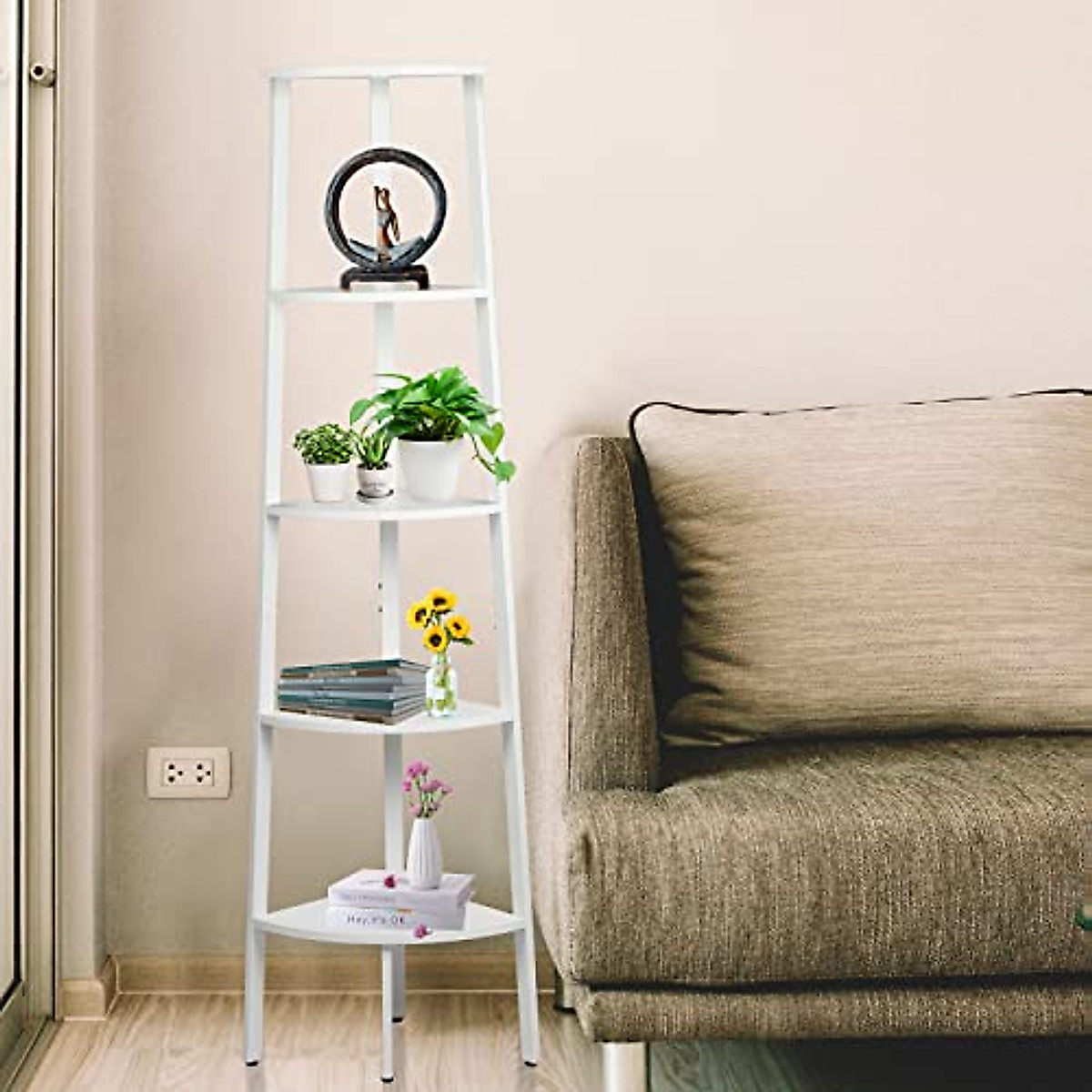 Corner Ladder Wood Shelf, 5-Tier Display Shelves, 62" Tall Rustic Corner Bookshelf, Industrial Corner Bookcase, Storage Rack, Plant Stand for Living Room, Small Space, Home Office, White