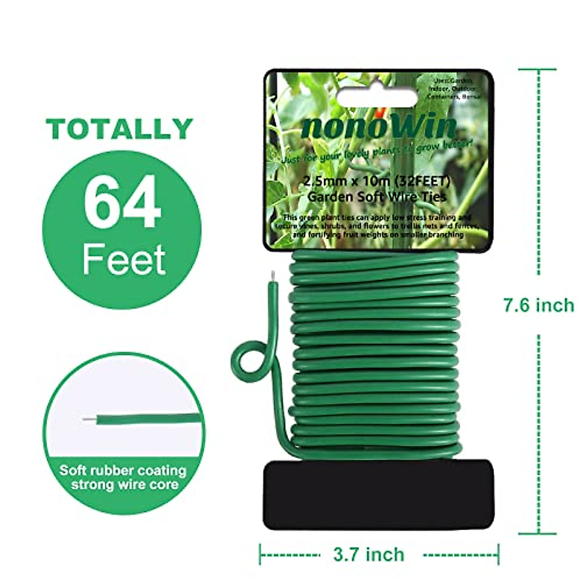nonoWin Garden Twist Ties Soft Rubber Reusable Wire Plant Support Heavy Duty for Gardening Trees Tomatoes Vines Climbing Plants(2PCS X 32.8feet Total 65.6feet, Green)
