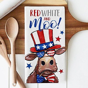 Seliem 4th of July America The Beautiful Patriotic Cow Kitchen Dish Towel Set of 2, Highland Cattle Stars Stripes Hand Towel Drying Baking Cooking Cloth, Summer Holiday USA Kitchen Decor 18x26 Inches