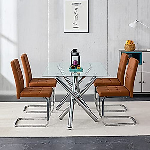 JUFU Modern Dining Chairs Set of 4，Upholstered PU Leather Kitchen Dining Room Chair with Inset Buttons C-Shaped Tube Plating Metal Legs ，for Dining Room Office Living Room Lounge Dresser Patio Club