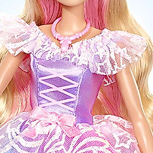 Barbie Dreamtopia Royal Ball Princess Doll, Blonde Wearing Glittery Rainbow Ball Gown, with Brush and 5 Accessories, Gift for 3 to 7 Year Olds
