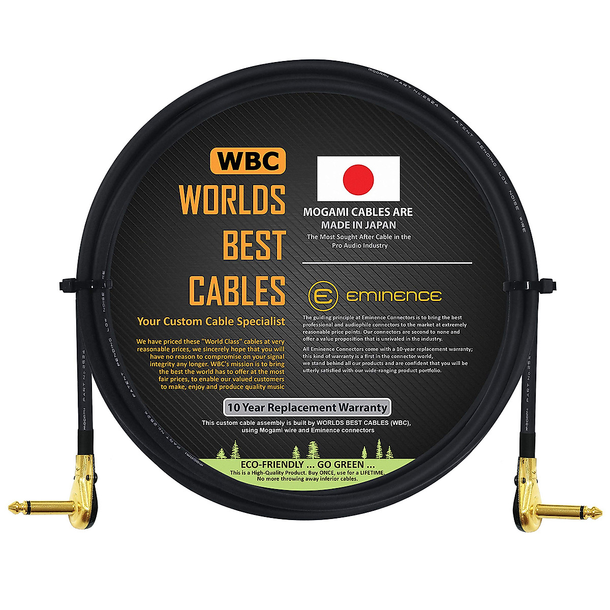 WORLDS BEST CABLES 2 Foot - Pedal, Effects, Patch, Instrument Cable Custom Made Made Using Mogami 2524 Wire and Eminence Gold Plated ¼ inch (6.35mm) R/A Pancake Type Connectors