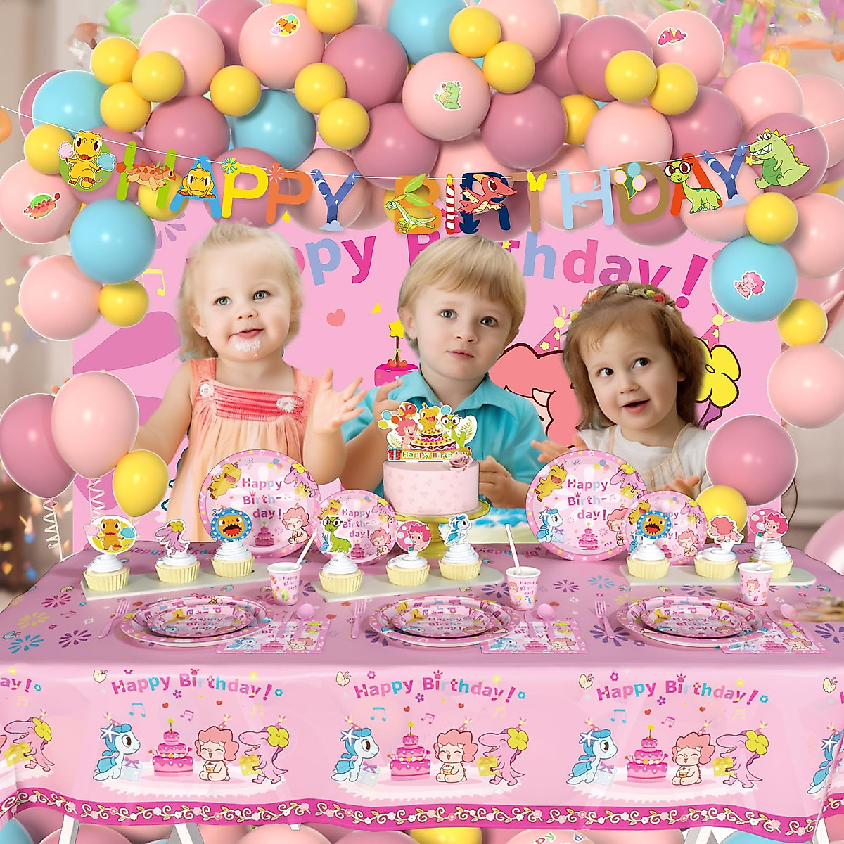 Girls Dinosaur Party Supplies for Pink Dinosaur Birthday Party Balloons Garland Arch Kit with Tablewear & Backdrop 59*40 Inch, 360 PCS Dinosaur Birthday Decorations