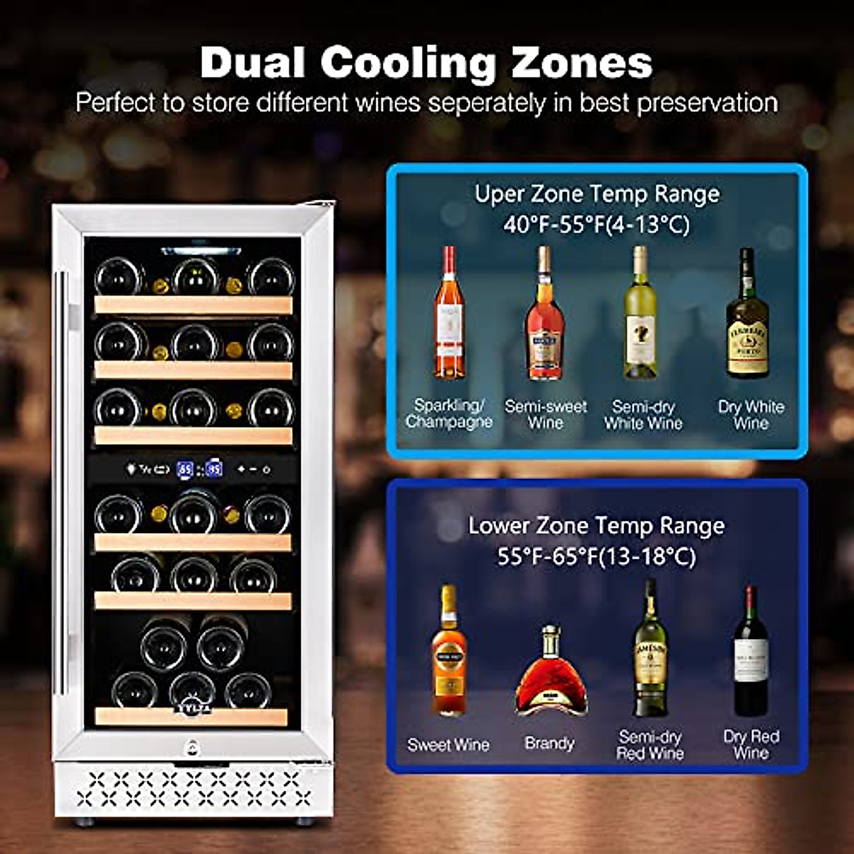 Tylza Mini Fridge 15 Inch Wine Cooler Under Counter, 30 Bottle Dual Zone Wine Fridge with Stainless Steel, Wine Refrigerator Freestanding, and Built-in Wine Cellars