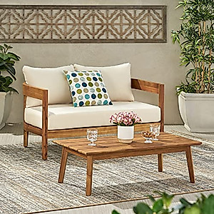 Christopher Knight Home Alina Outdoor Loveseat Set with Coffee Table, Teak Finish, Beige