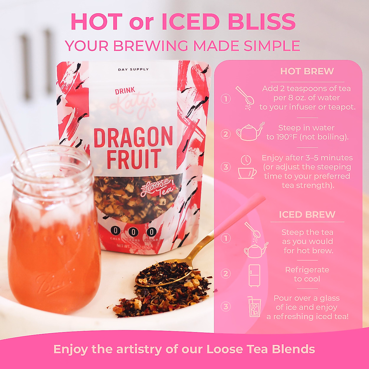 Katy’s Dragonfruit Loose Leaf Tea | Hydrating & Fruity Herbal Tea | Hibiscus, Dragonfruit & Pineapple | Caffeine-Free Fruit Tea | 30+ Cups | Hot or Iced | Antioxidant-Rich | Woman-Owned | 3oz Pouch