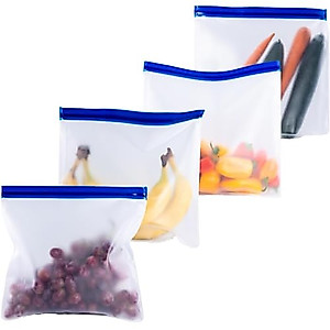 Reusable Food Storage Bags, 4 Pack BPA Free Food Grade Reusable Stand Up Bags, 2 Reusable Gallon Bags, 2 Reusable Freezer Bags, Leakproof Reusable Bags Silicone
