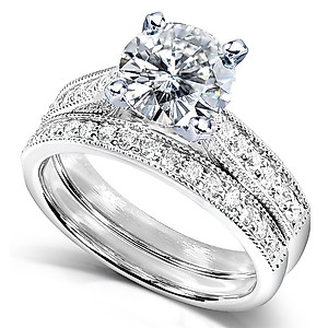 Kobelli Round Moissanite Pave-Set Bridal Set 1 4/5 CTW 14k White Gold, Size 10.5, White Gold