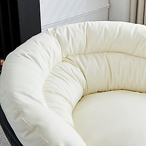 Swivel Barrel Accent Chair, Round Armchair with Wide Upholstered, 360 Degree Swivel PU Leather Club Sofa Chair for Living Room, Bedroom, Office (Cream White+Black)