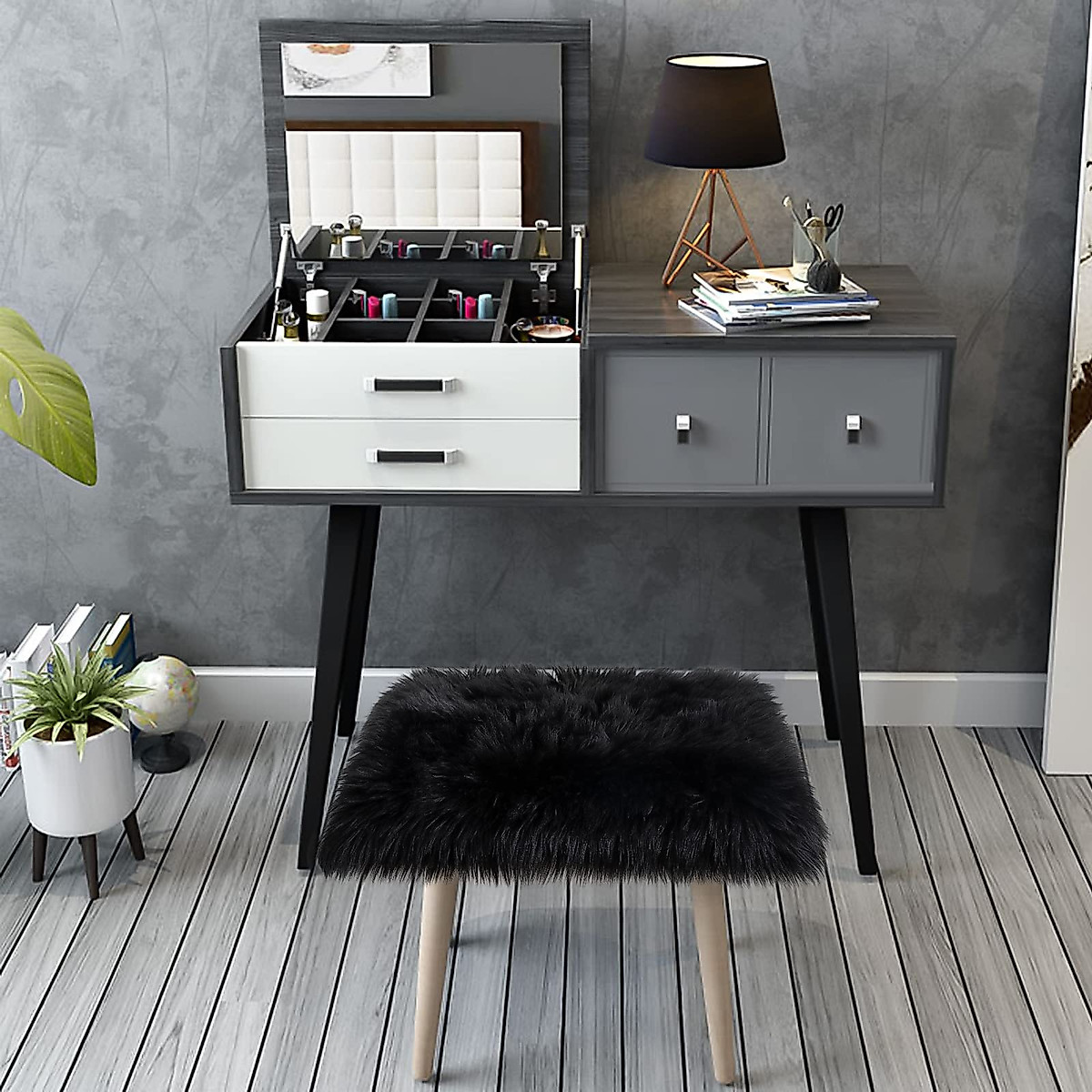 Noahas Black Faux Fur Table Runner,Cute Seat Chair Cushions for Dining Chairs,Fluffy Fur Placemats,Faux Sheepskin Chair Pads,Fuzzy Square Fur Chair Cover,Locker Rug,Table Mat (1.6 x 1.6 ft,1 Pack)