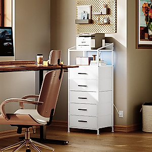 EKNKOZY Nightstand 5 Drawer Dresser with LED Lights and Charging Station, Vertical Side Table with Fabric Drawers, End Table with Open Shelf, Tall Dresser for Bedroom, Hallway, Entryway, White