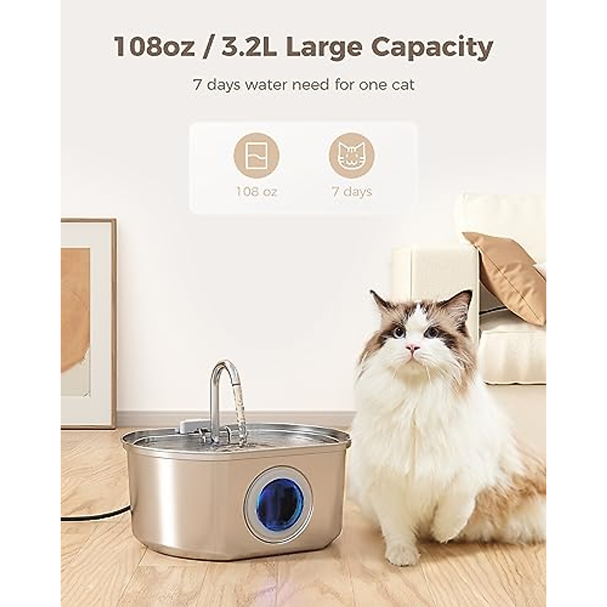 Cat Water Fountain Stainless Steel: 3.2L/108oz Large Automatic Quiet Pet Water Fountain - Dog Water Dispenser with Water Level Window - Multiple Pets - 4 Filter Replacement