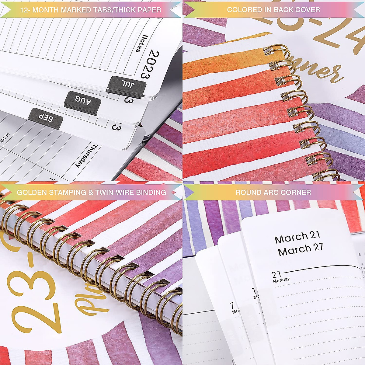 2023-2024 Planner - Academic Planner 2023-2024, 8" x 10", Jul. 2023 - Jun. 2024, Weekly Monthly Planner with Marked Tabs + Thick Paper + Contacts + Calendar + Holidays + Twin-Wire Binding - Rainbow