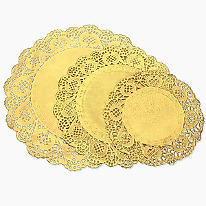 Seajan 300 Pcs Paper Doilies bulk Assorted Sizes Round Paper Lace Doilies Combo Disposable Paper Placemats for Wedding Tableware Decoration Cakes Desserts Baked Food, 6.5" 8.5" 10.5"(Gold)