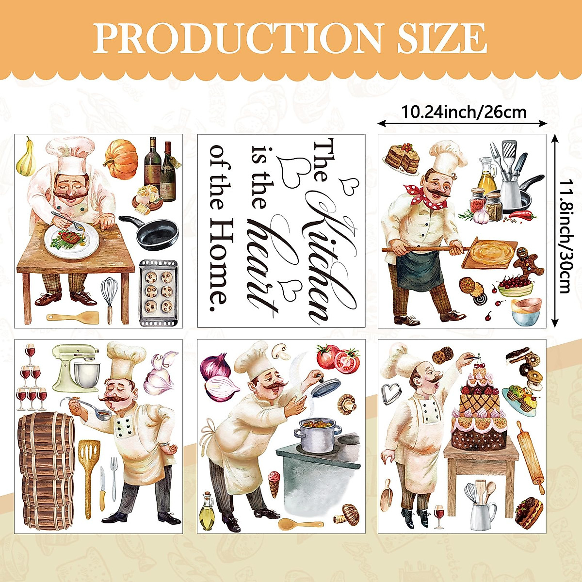 Chefs Peel and Stick Wall Decals Italian Fat Chefs Wall Stickers Cooking Wall Sticker Wine Cake for Kitchen Restaurant Dining Room Home Wall Decoration, 6 Sheets