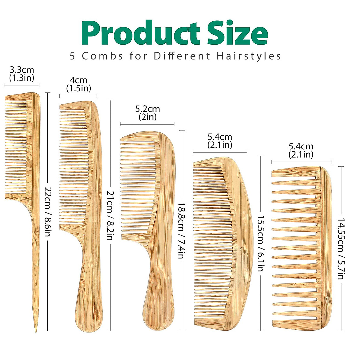 5 Pcs Natural Handmade Bamboo Anti-Static Combs Set - Wide Tooth, Rat Tail and Fine Tooth for Long, Short, Thick, Thin, Wavy or Curly Hair Detangling (Natural)